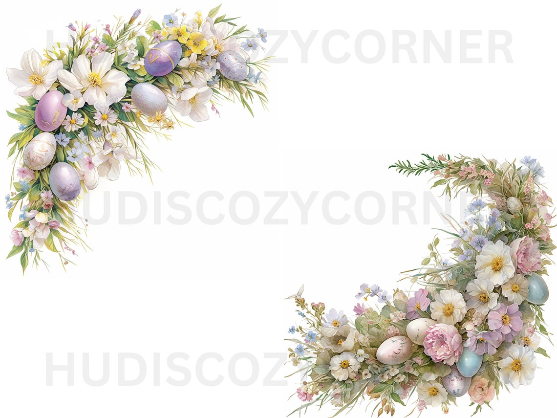 15 Easter Flower Clipart Border, Watercolor Spring Corners, JPG Bundle ...