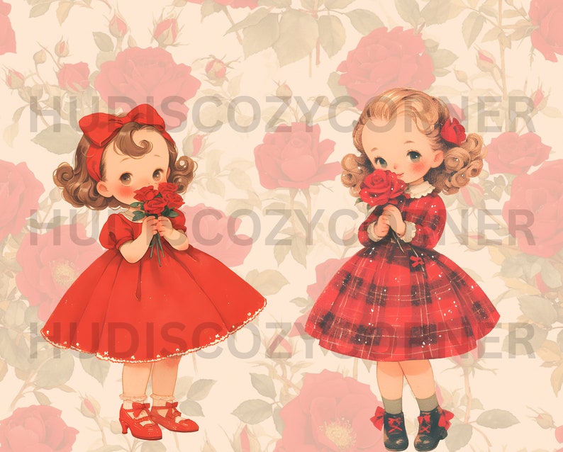 10 Vintage Girl in Red Clipart Bundle, Watercolor Spring Retro Girl in ...