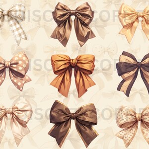 42 Cute Beige Brown Gingham Bow Clipart Bundle, Watercolor Silk Bows ...