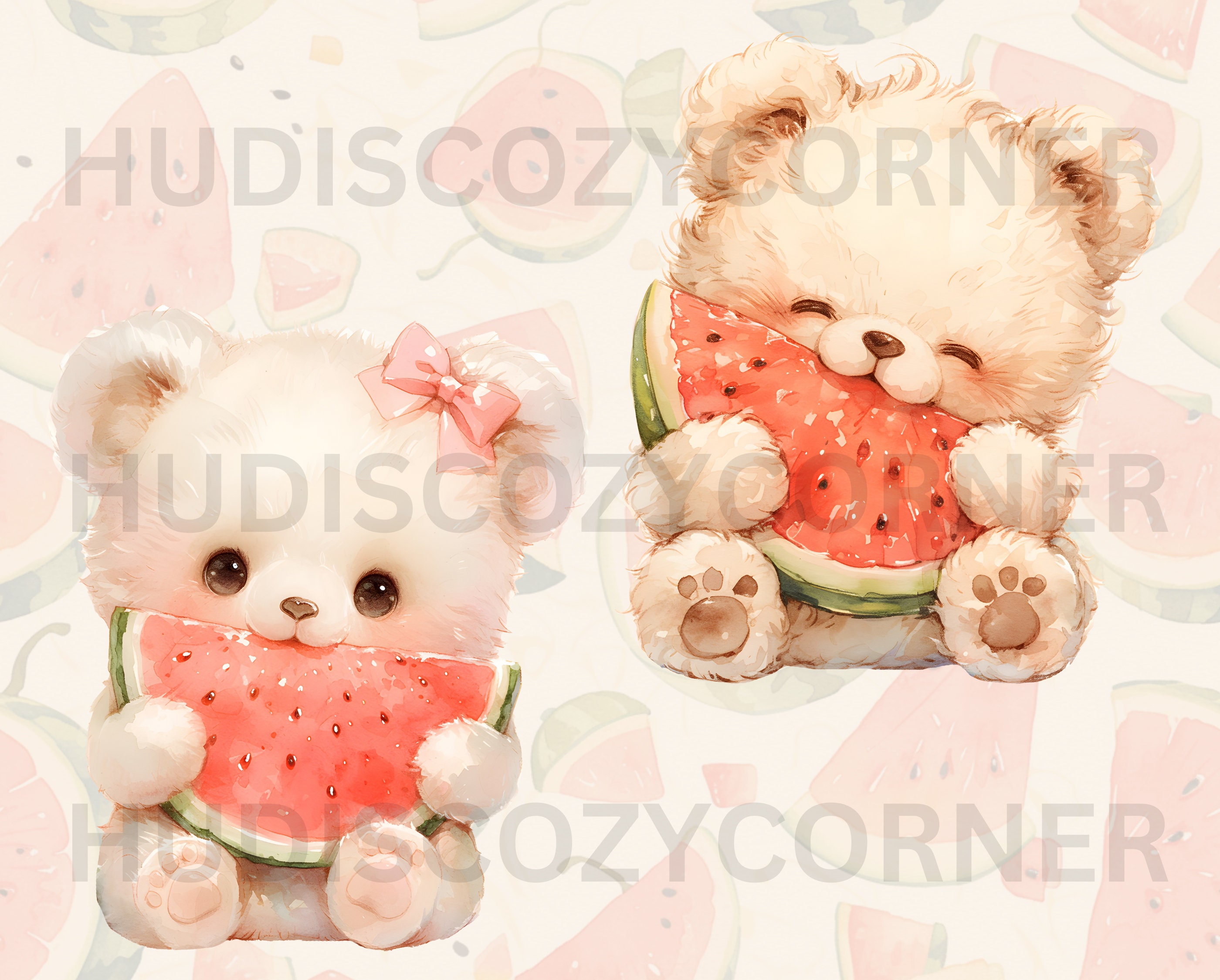 11 Watermelon Teddy Bear Clipart Bundle, Watercolor Summer Fruit ...