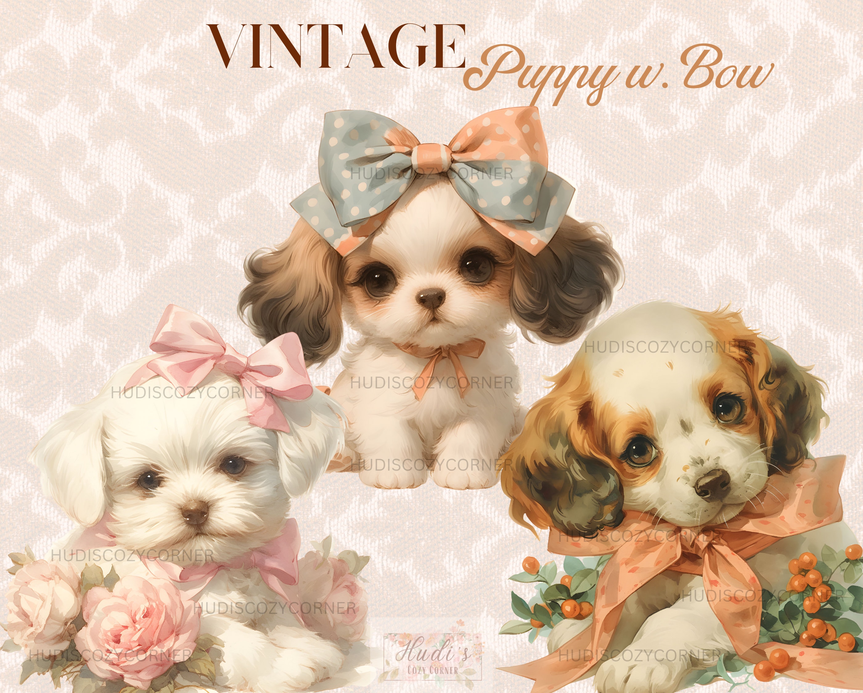 36 Cute Puppy With Bow Clipart Bundle, Watercolor Vintage Puppies ...