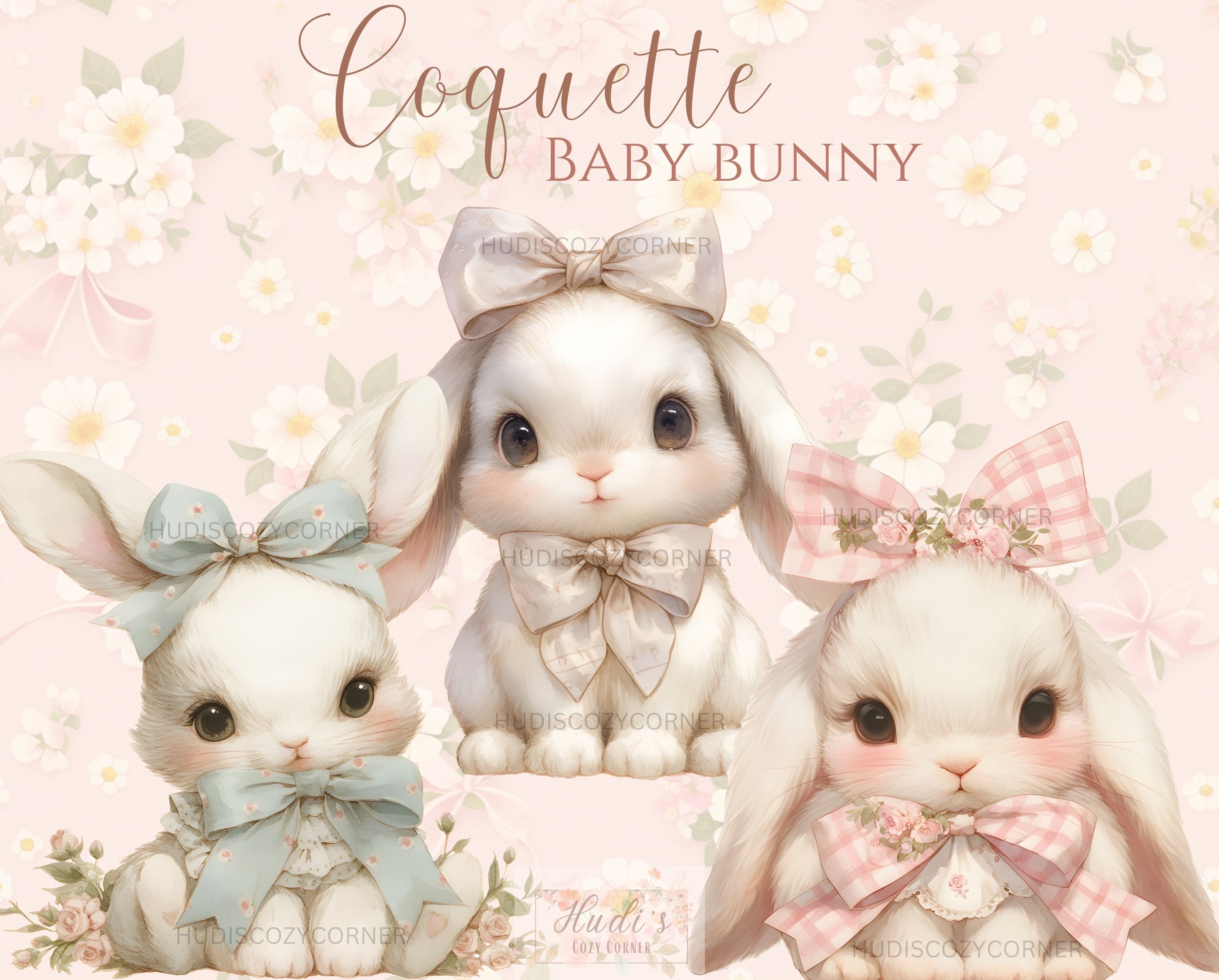 14 Cute Coquette Baby Bunny Clipart Bundle, Watercolor Vintage Bunnies ...