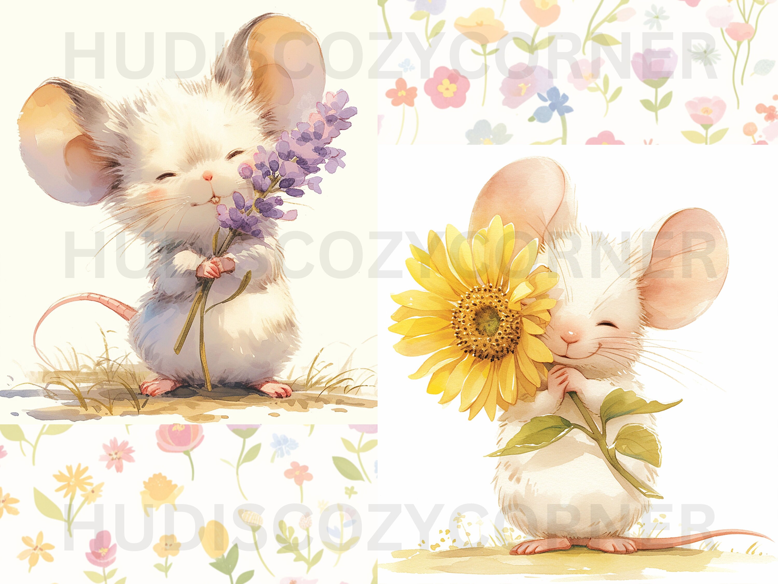 8 Cute Mouse and Flower Clipart, Printable Watercolor Floral Mice ...