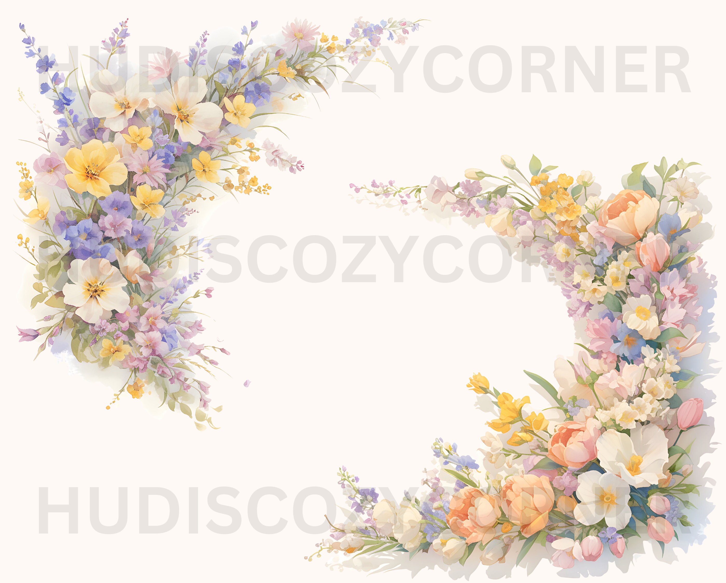 17 Summer Flower Border Clipart, Watercolor Floral Decorative Corner ...