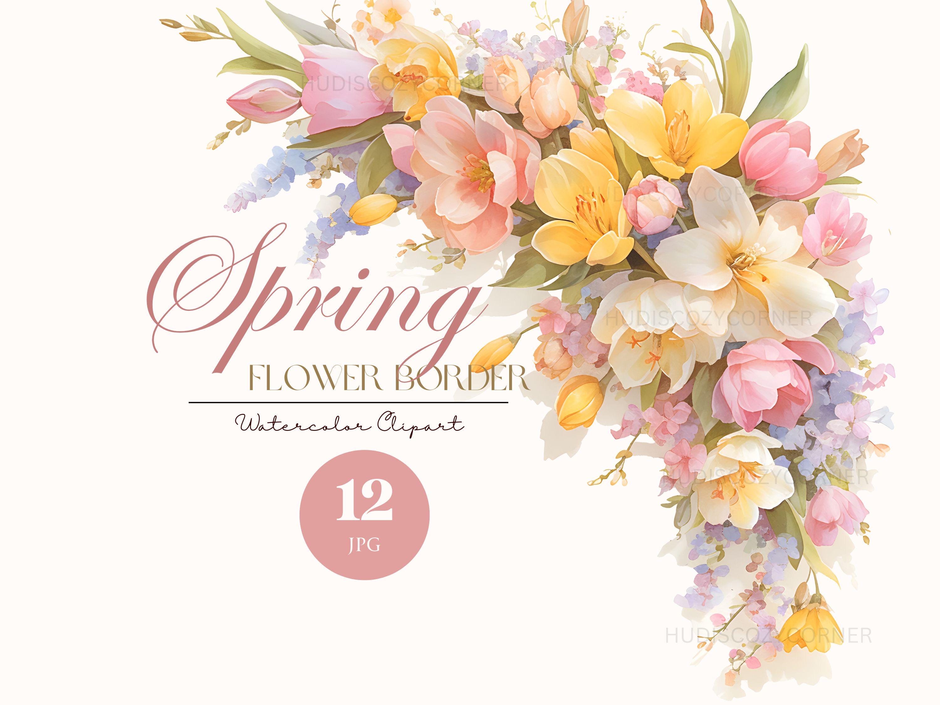 12 Watercolor Spring Flower Border Clipart, Floral Decorative Corner ...