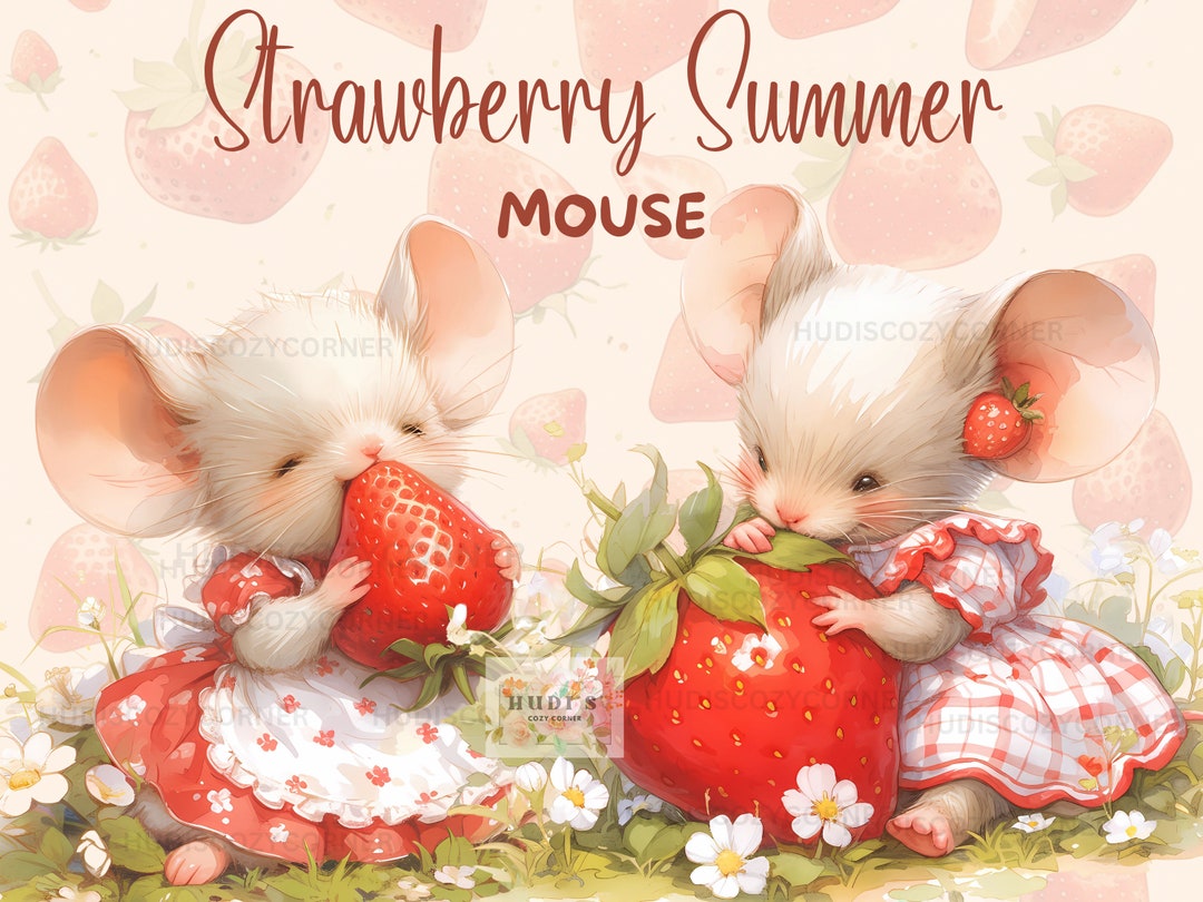 9 Cute Watercolor Summer and Strawberry Mouse Clipart Bundle, Printable ...