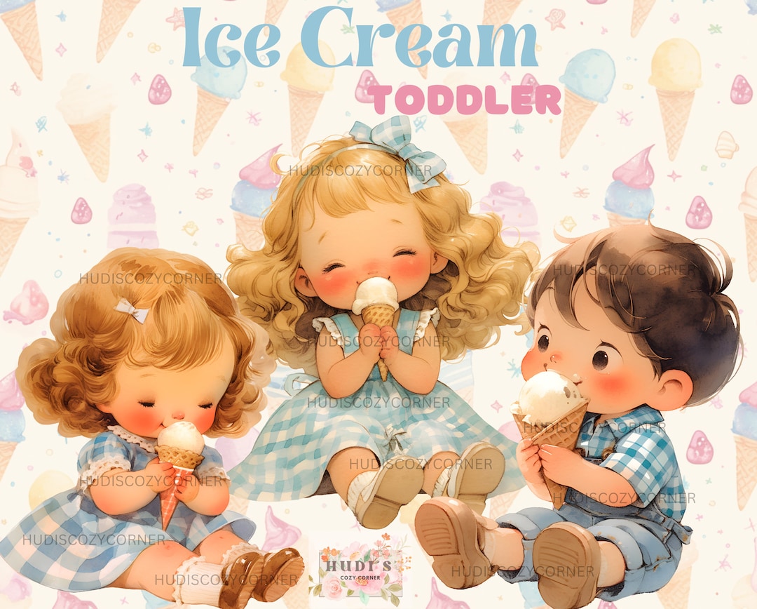 11 Cute Toddler Eating Ice Cream Clipart Bundle, Watercolor Vintage ...