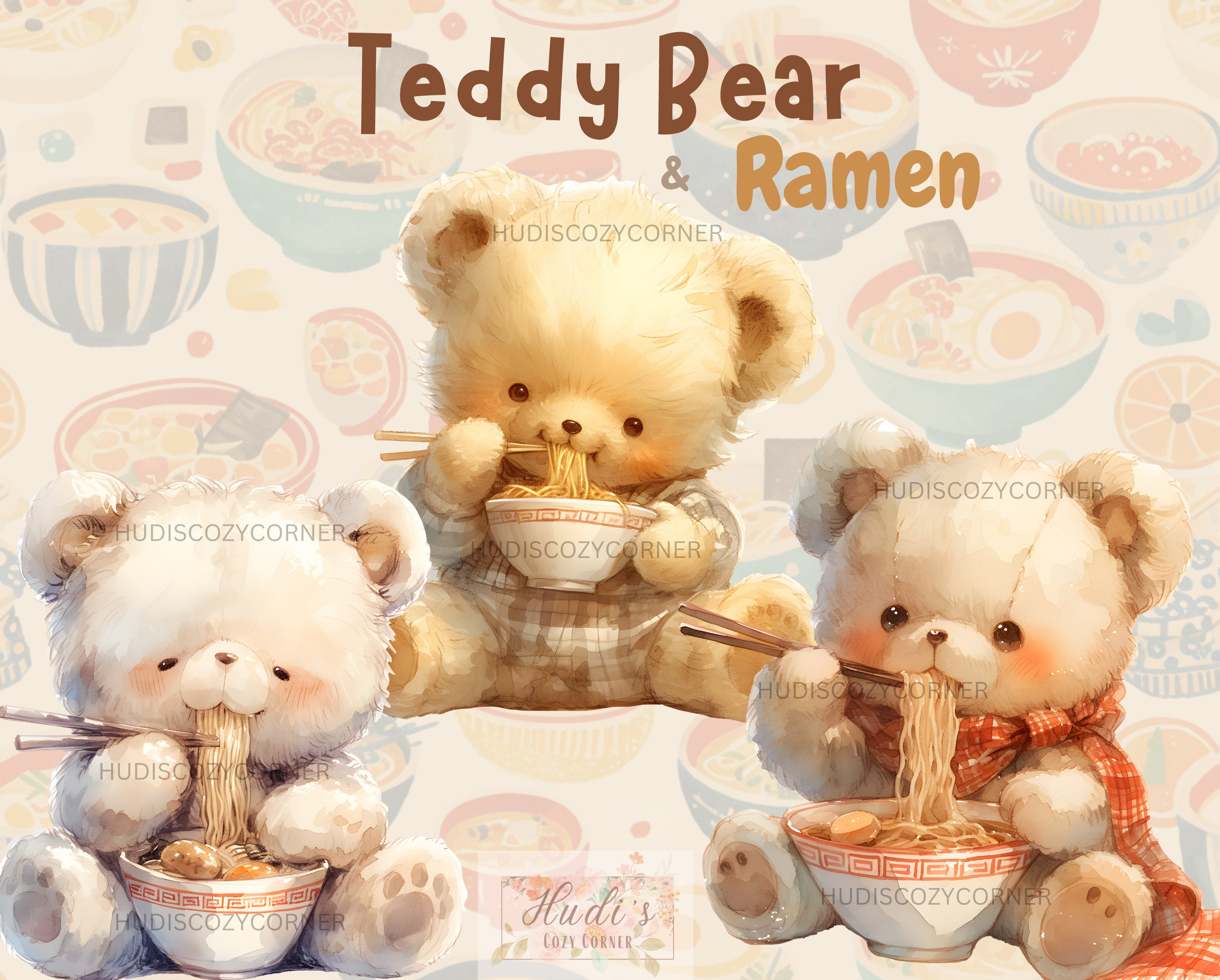 14 Teddy Bear Eating Ramen Clipart Bundle, Watercolor Little Baby ...