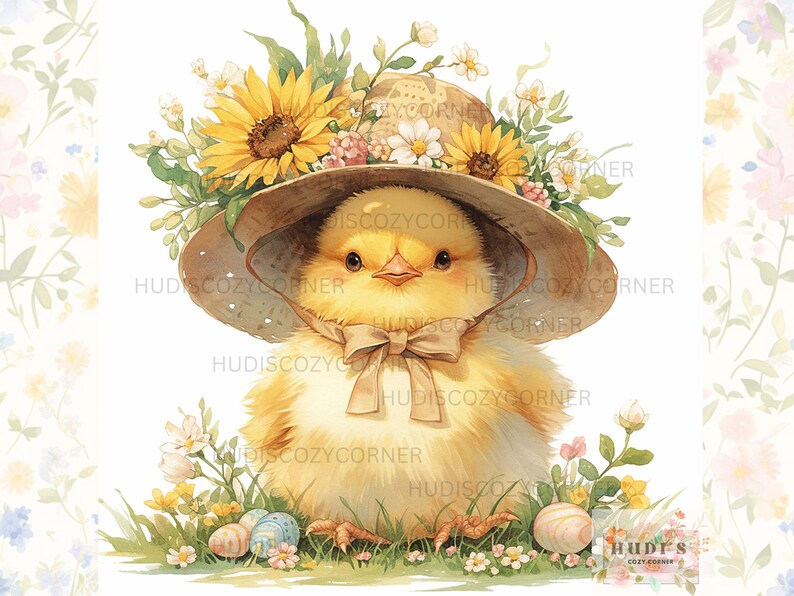 8 Chicks With Easter Bonnets Clipart Bundle, Watercolor Spring Flowers ...