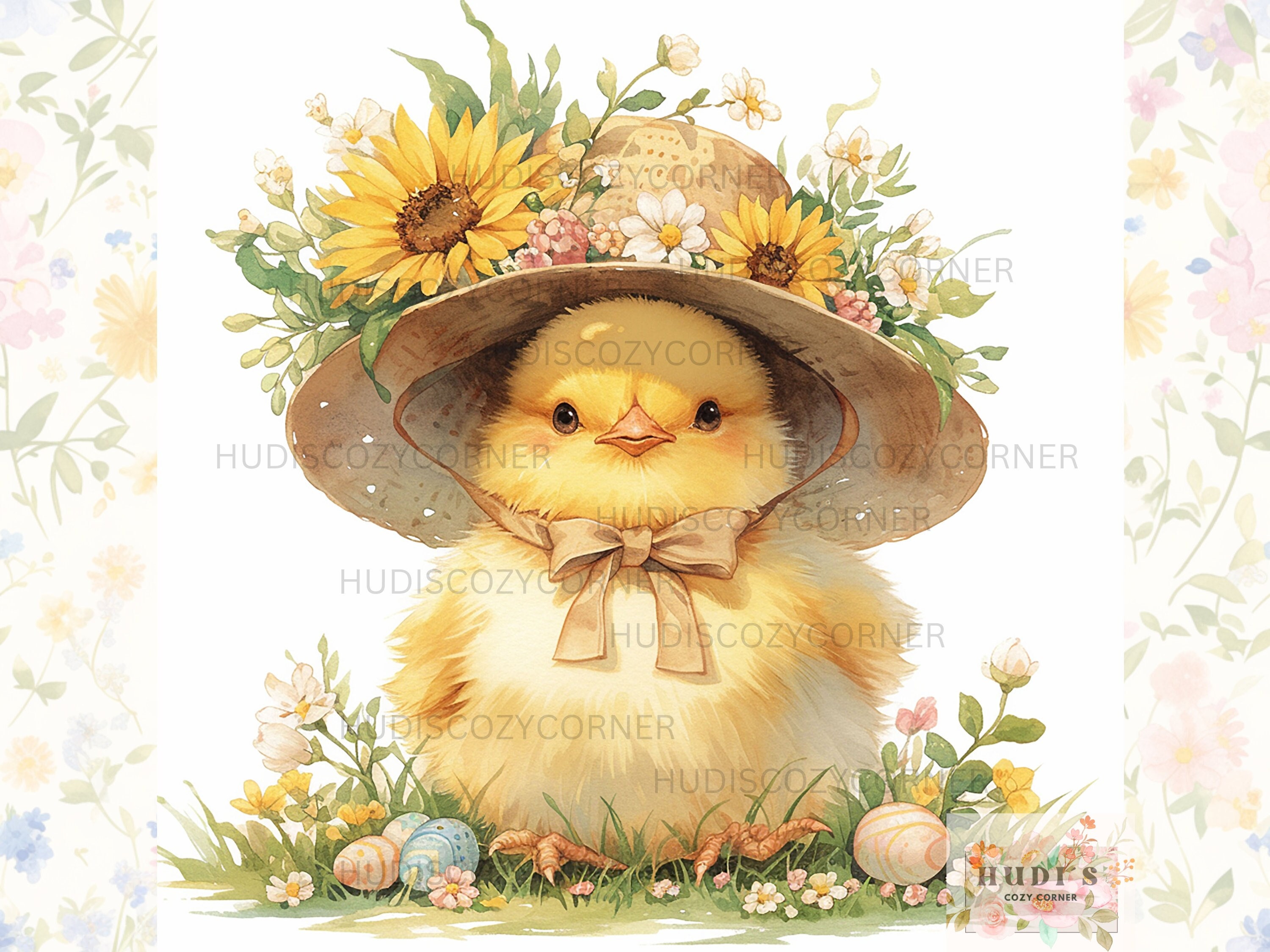 8 Chicks With Easter Bonnets Clipart Bundle, Watercolor Spring Flowers ...
