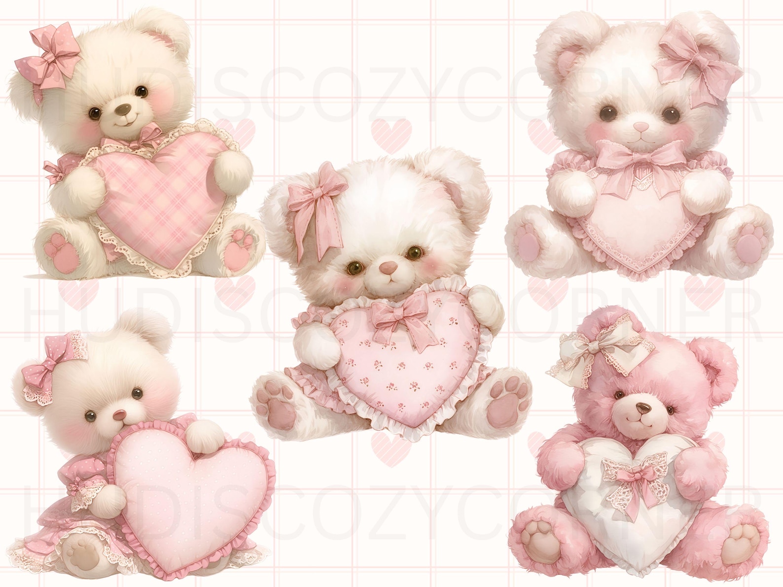31 Pink Baby Teddy Bear With Heart Pillow Clipart, Watercolor Pink ...