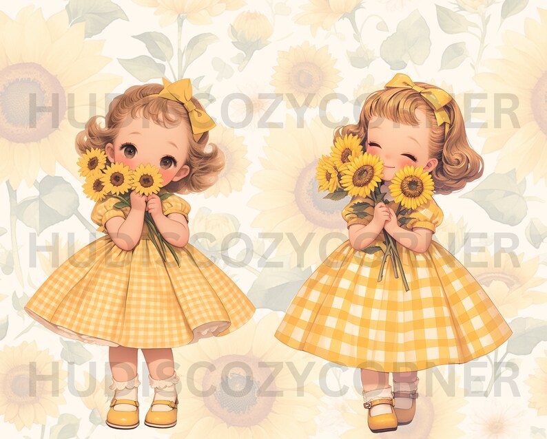 12 Vintage Sunflower Girl Clipart Bundle, Watercolor Girl in Yellow ...