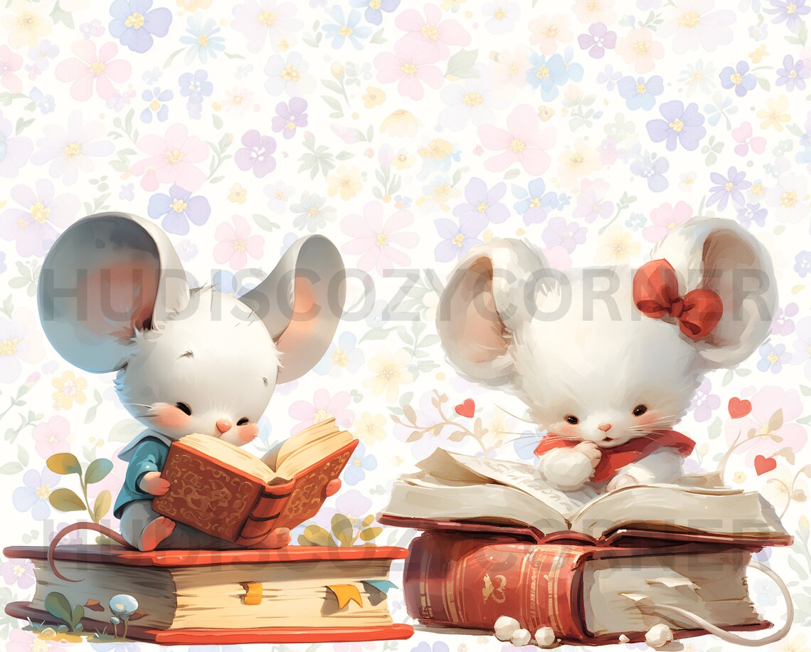 12 Cute Reading Mouse Clipart, Watercolor Cartoon Book Lover Mice ...