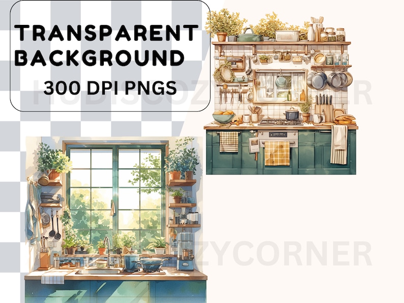 8 Cute & Cozy Kitchen Watercolor Clipart, High Quality PNG, Digital ...