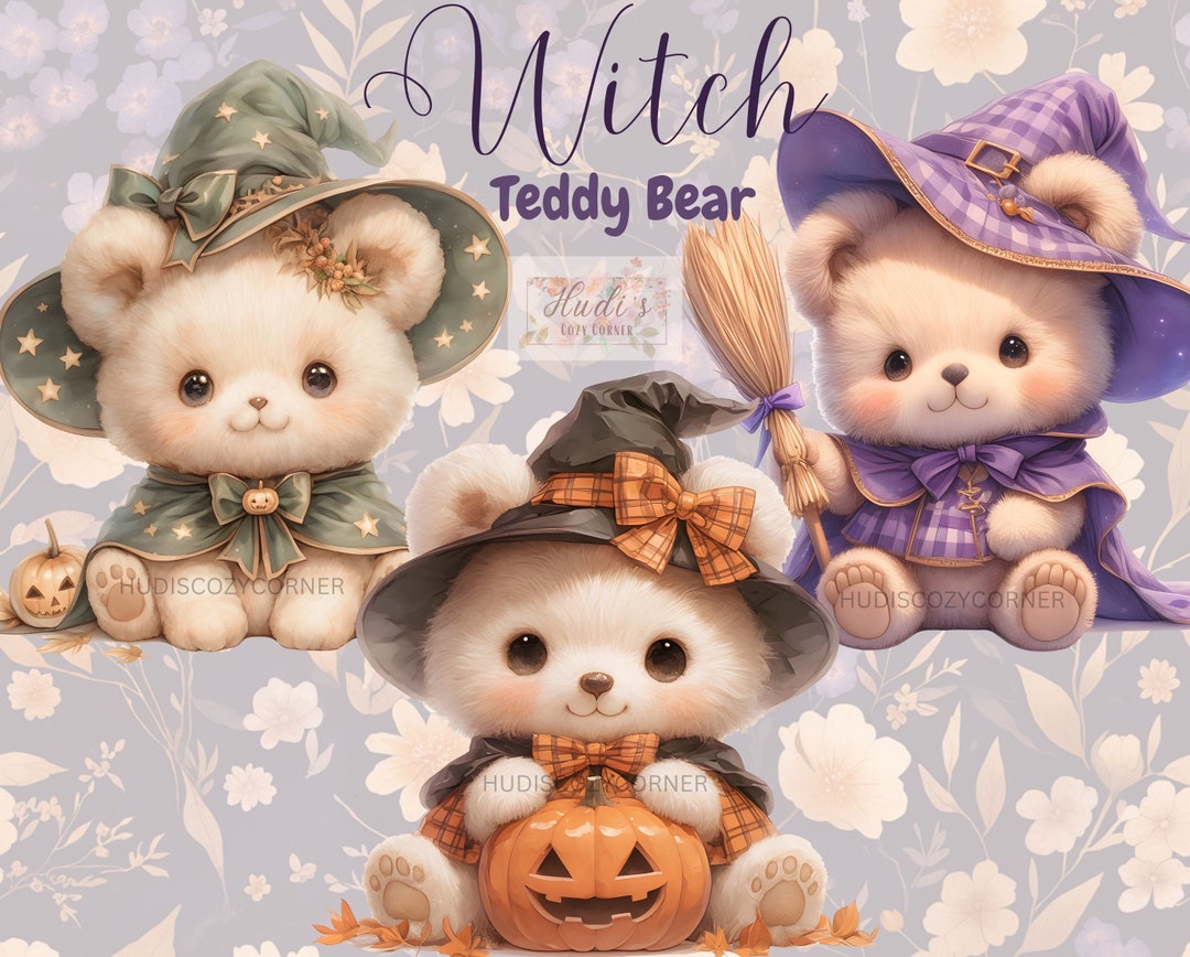 14 Teddy Bear in Witch Costume Clipart, Watercolor Vintage Halloween ...