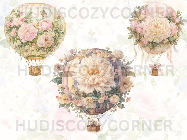 15 Vintage Hot Air Balloon Clipart Bundle, Floral Watercolor Nursery ...