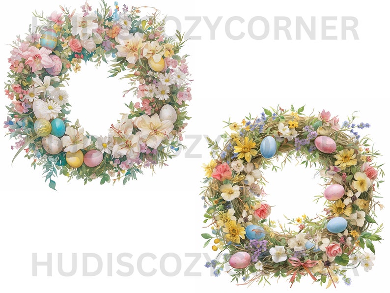 8 Easter Wreath Clipart, Watercolor Easter Egg Floral Spring Wreaths ...