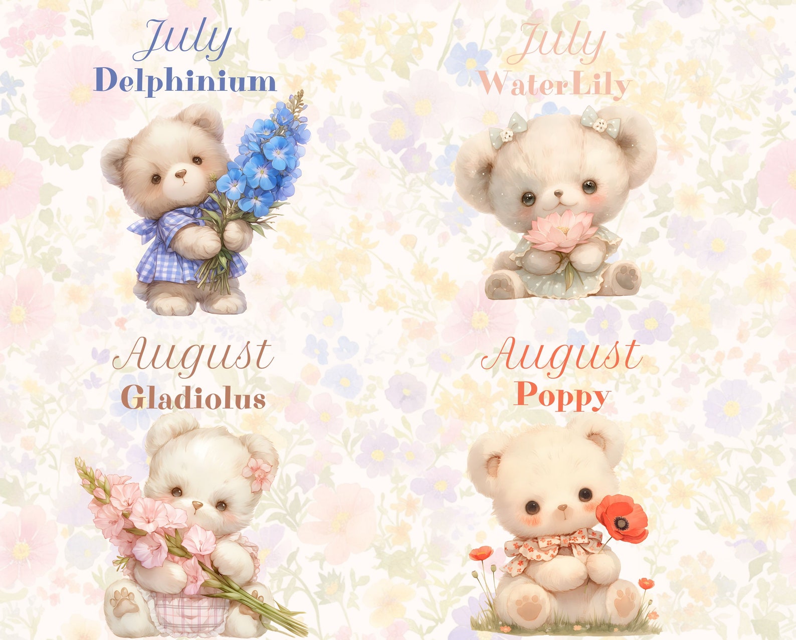23 Birth Month Flower Teddy Bear Clipart, Watercolor Bears With Flowers ...