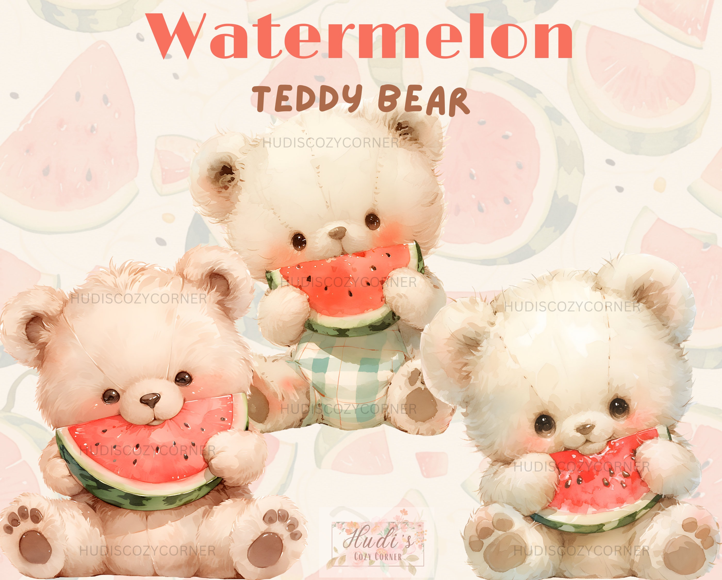 11 Watermelon Teddy Bear Clipart Bundle, Watercolor Summer Fruit ...