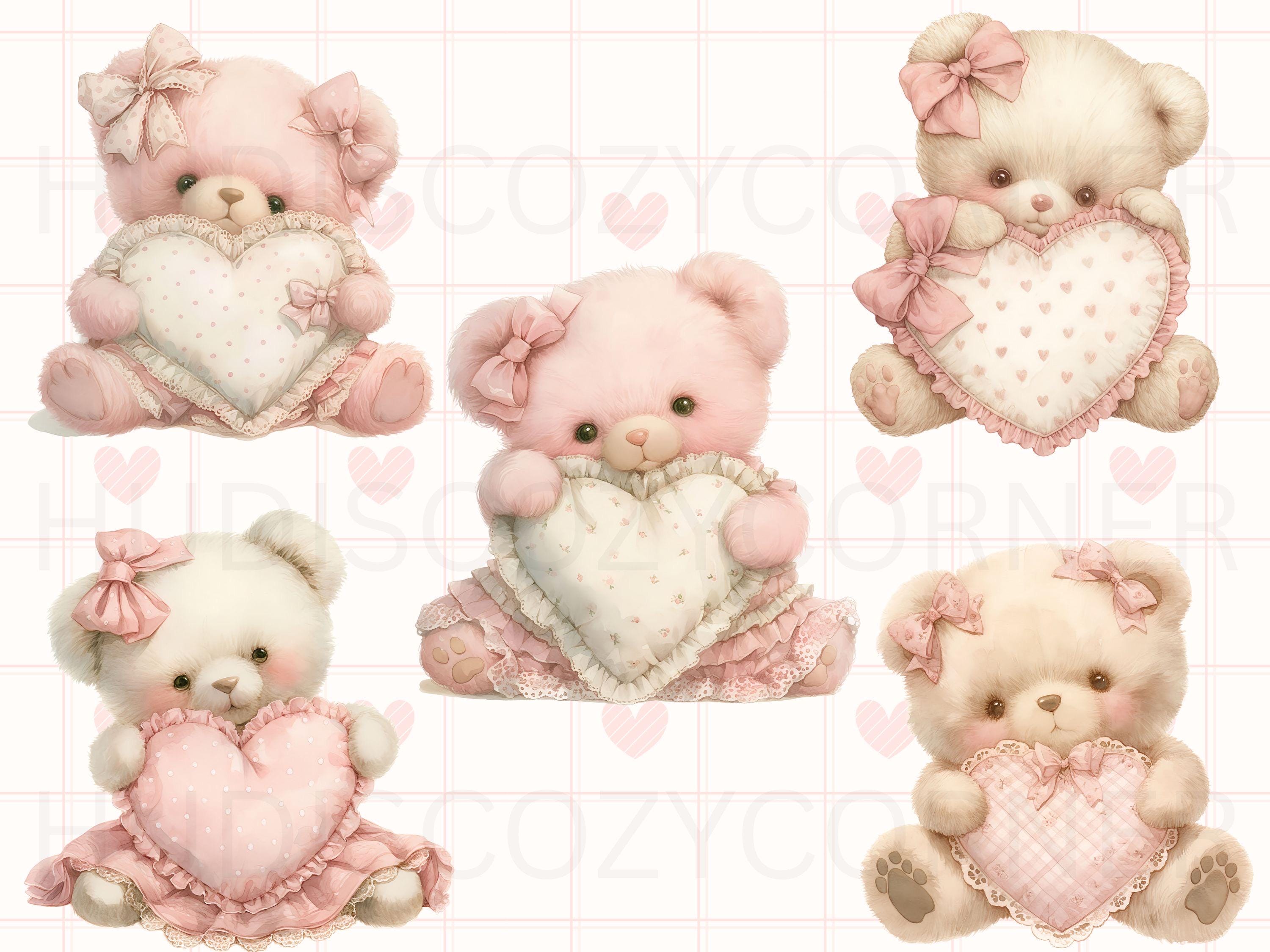 31 Pink Baby Teddy Bear With Heart Pillow Clipart, Watercolor Pink ...