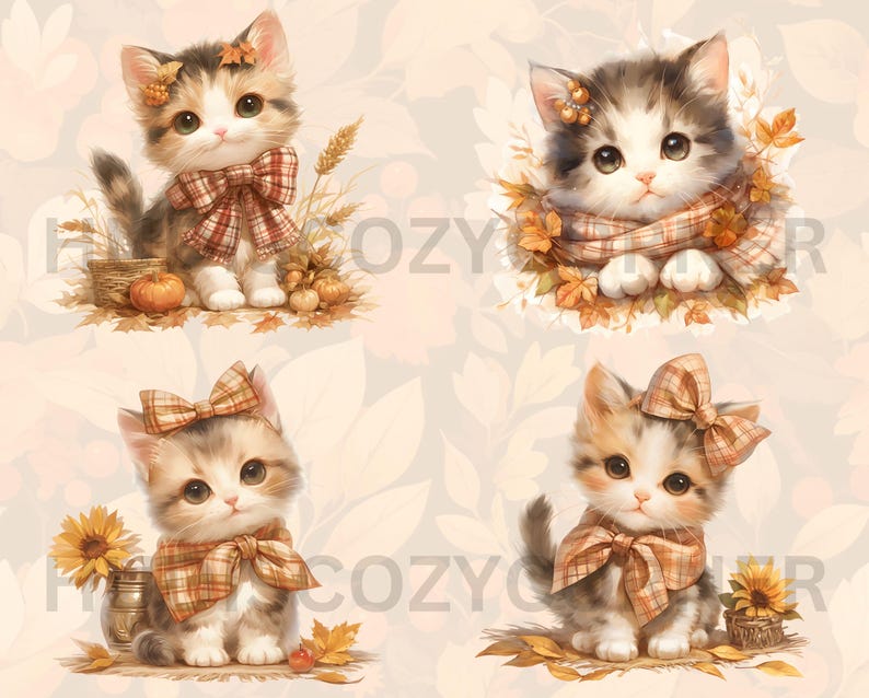 21 Cute Autumn Kitten Clipart Bundle, Watercolor Little Vintage Kittens ...