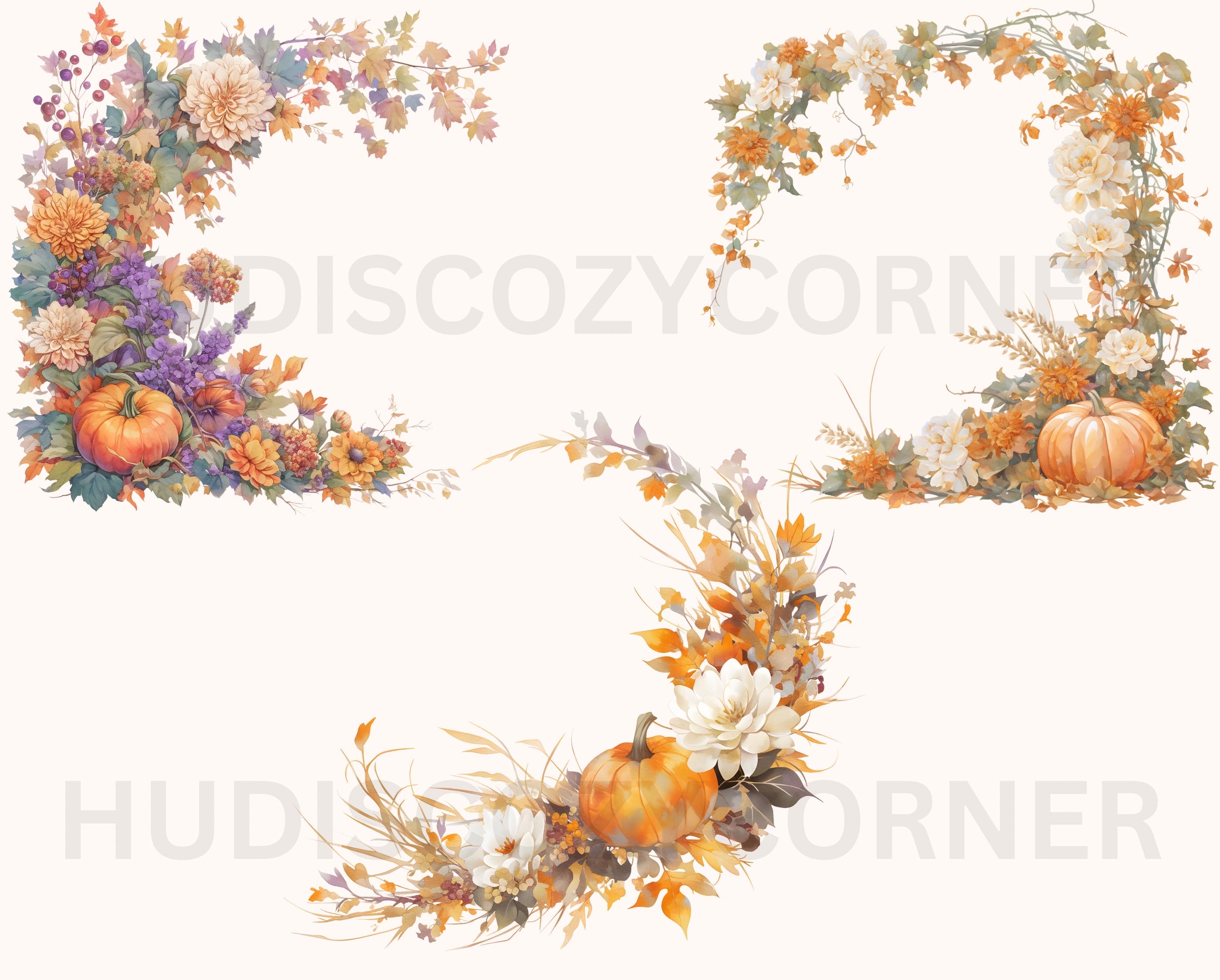 26 Autumn Floral Border Clipart Bundle, Watercolor Fall Leaves and ...