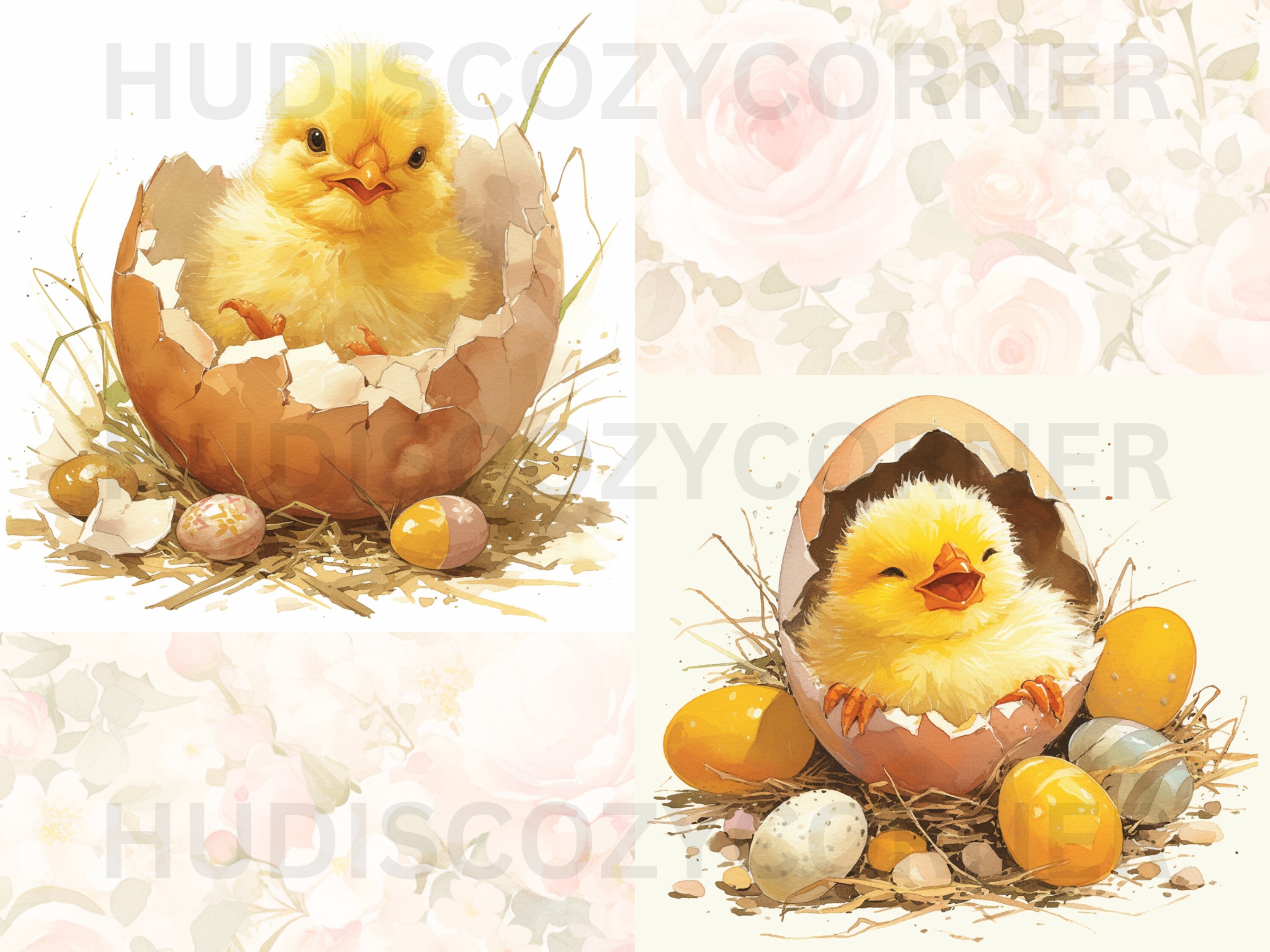 9 Fluffy Easter Hatching Chick Clipart, Spring Flowers and Eggs ...