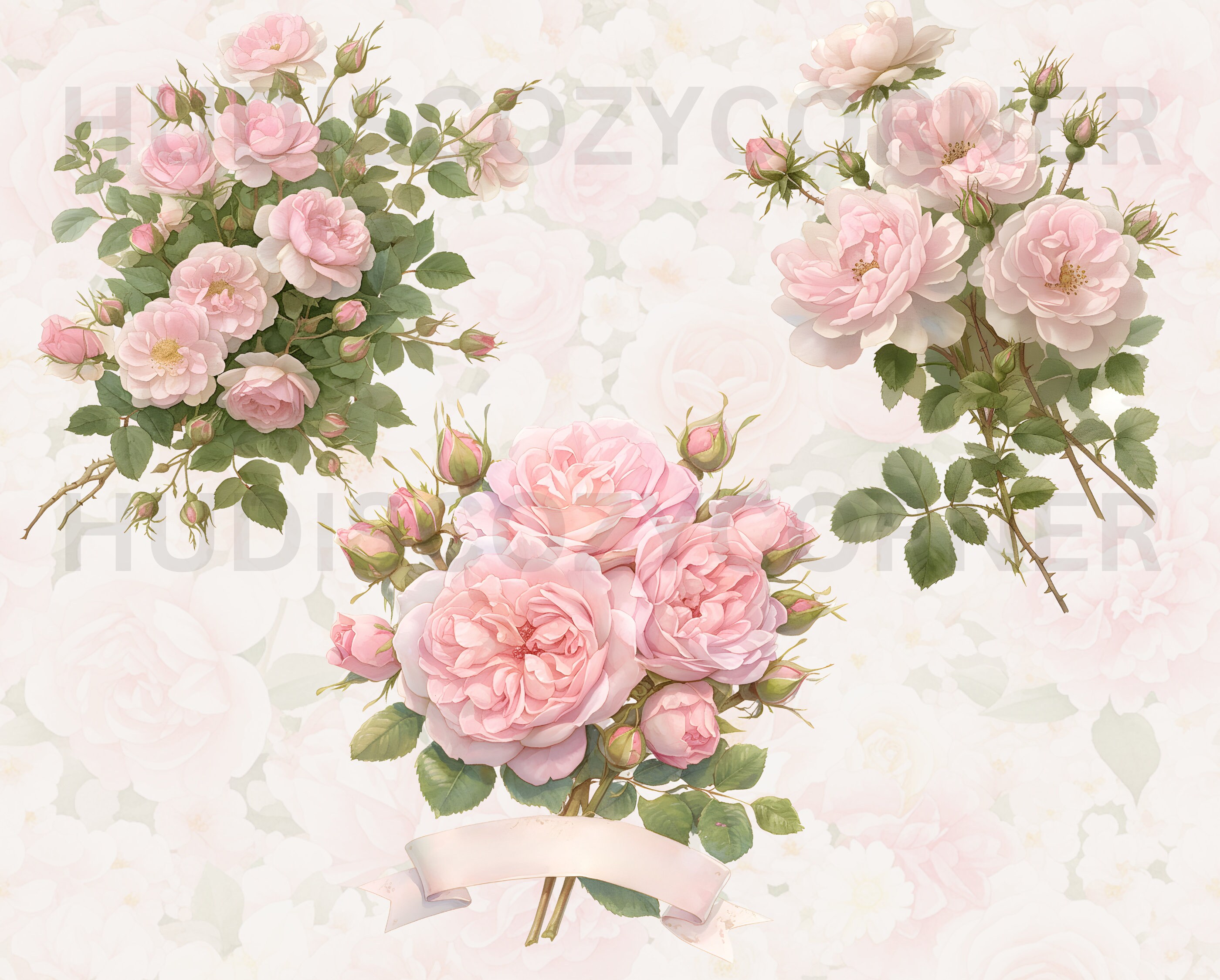 20 Soft Pastel Pink Rose Clipart, Watercolor Pink Rose Flowers JPG ...