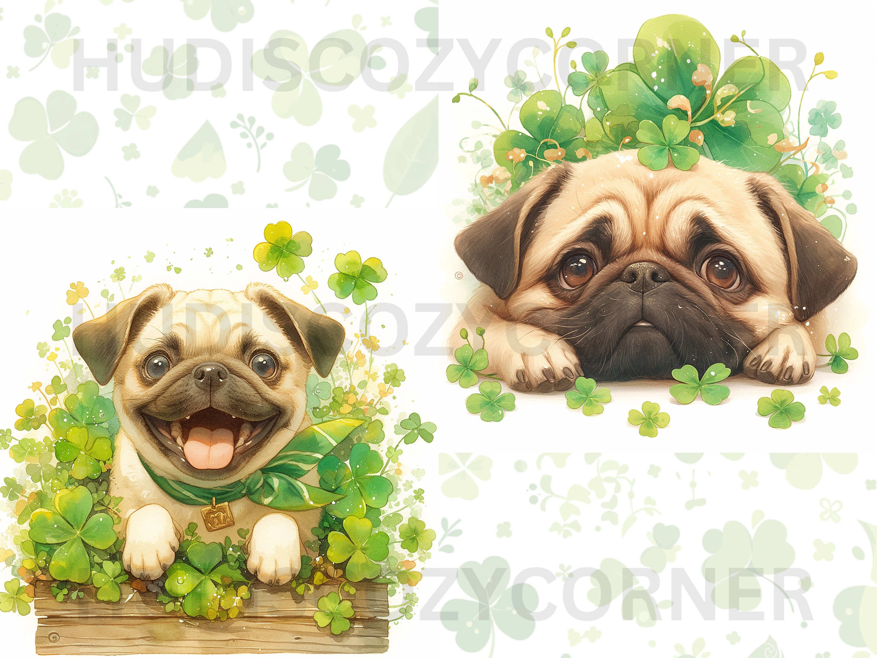 12 Cute St Patricks Day Pug Clipart Bundle, Watercolor Jpg Puppy Image ...