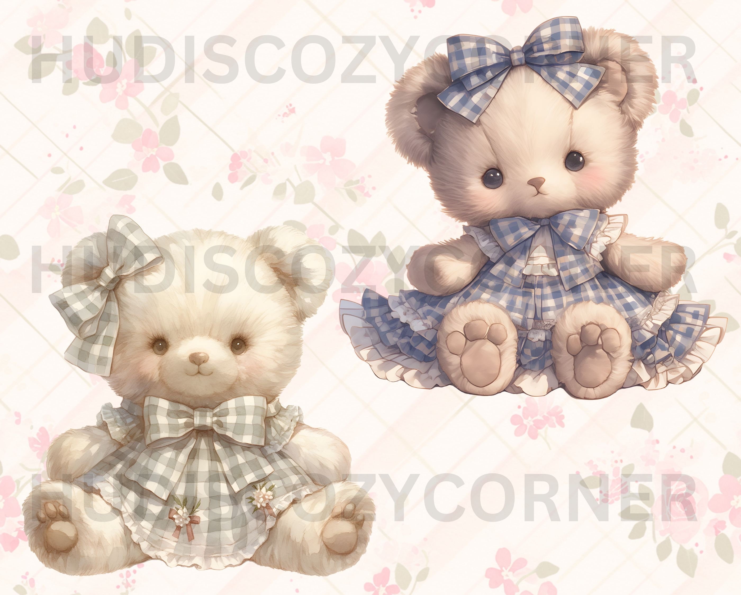 10 Teddy Bear in Gingham Dress Clipart Bundle, Watercolor Vintage Baby ...