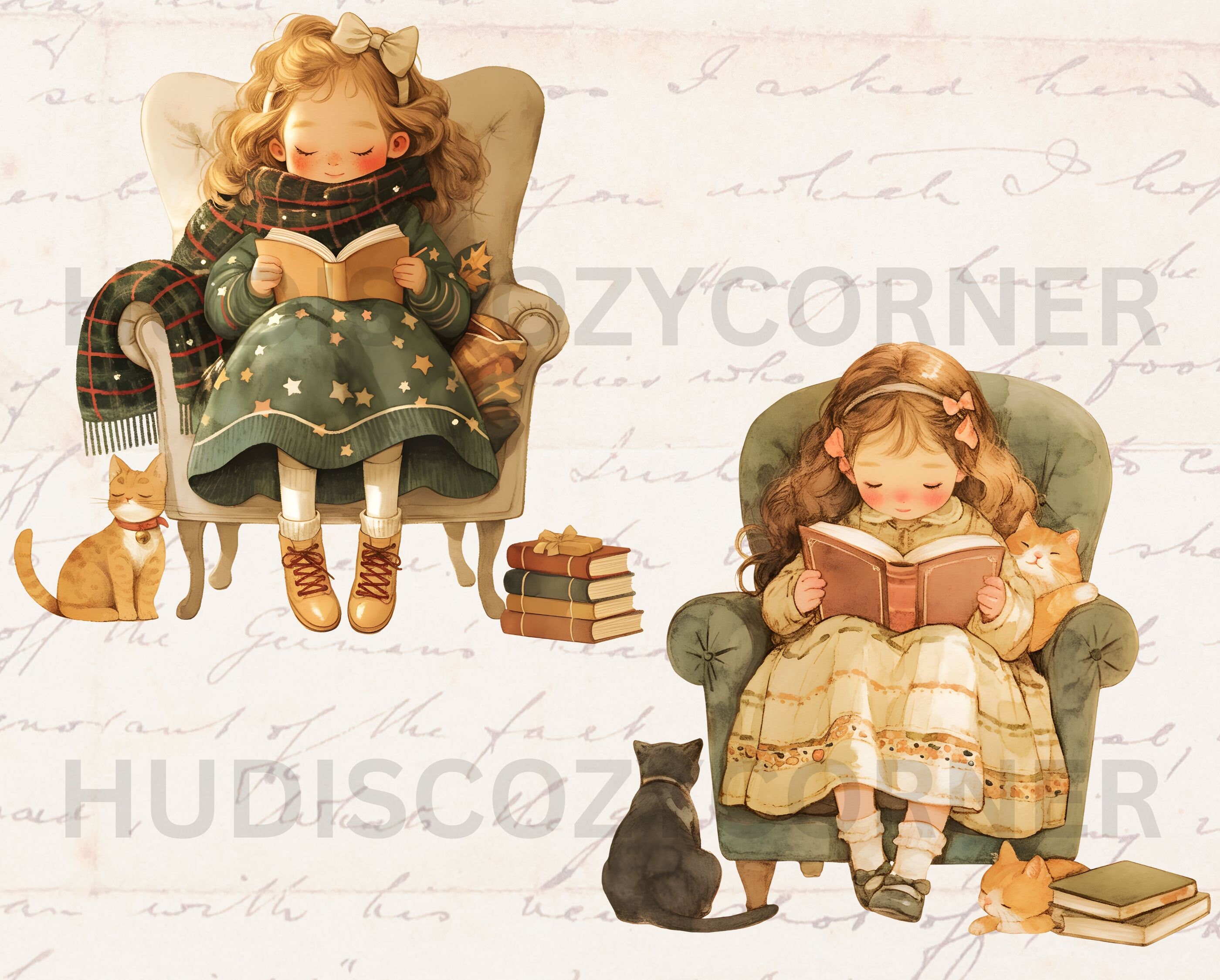 13 Cozy Reading Toddlers Clipart Bundle, Watercolor Autumn Kids With ...