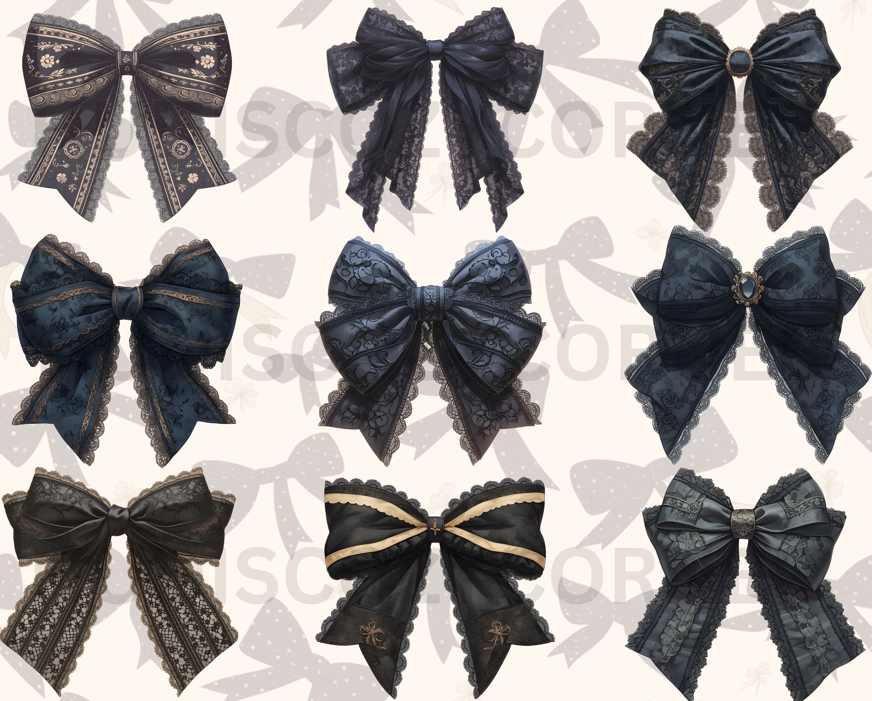 44 Black Bow Clipart, Watercolor Dark Lace Bow Design, Printable PNG ...