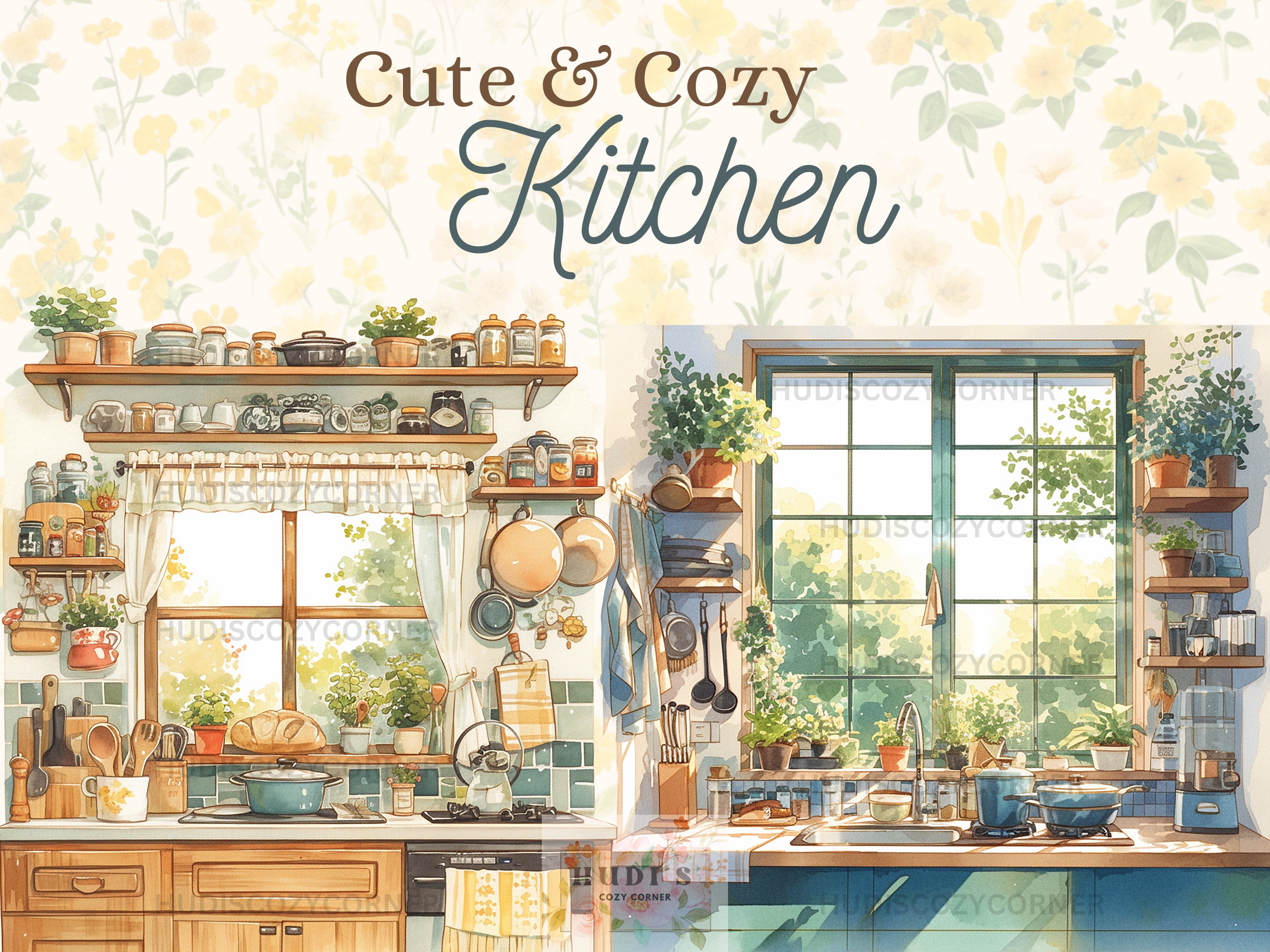 8 Cute & Cozy Kitchen Watercolor Clipart, High Quality PNG, Digital ...