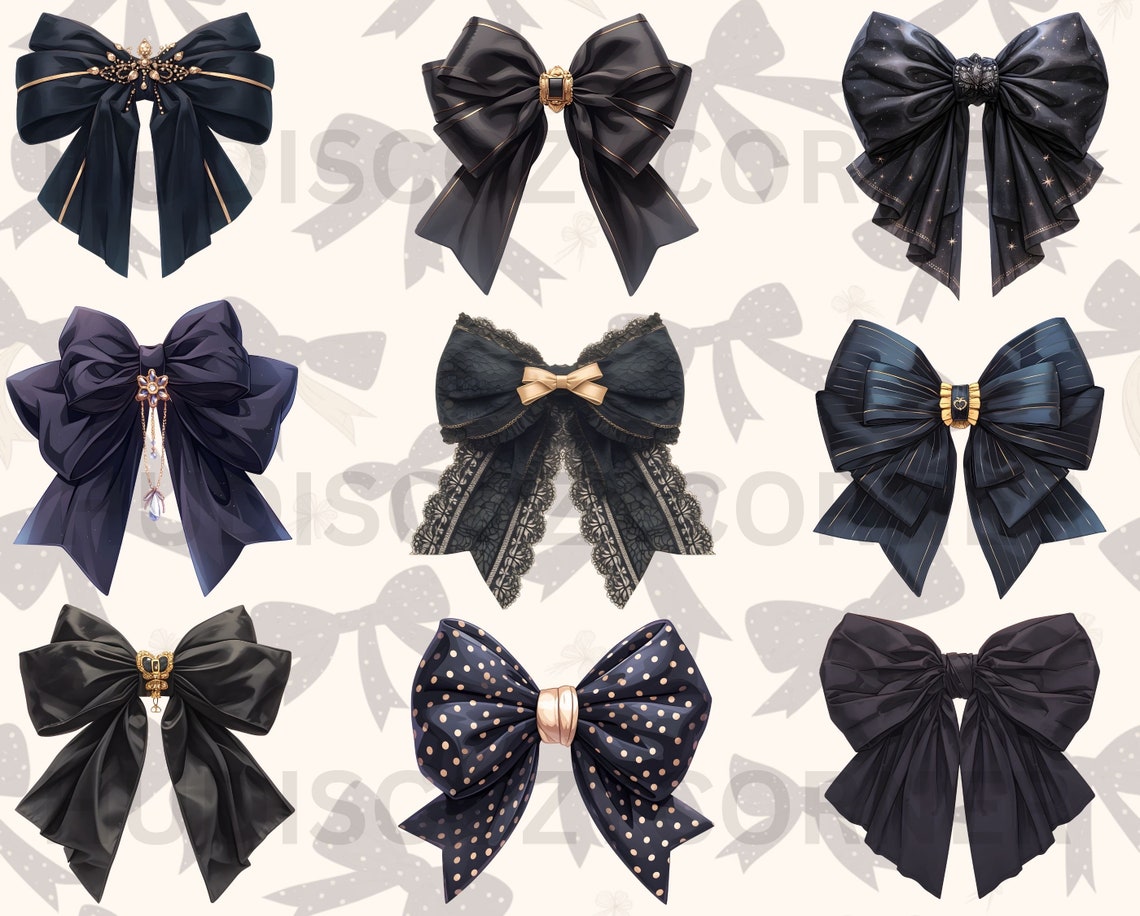 44 Black Bow Clipart, Watercolor Dark Lace Bow Design, Printable PNG ...