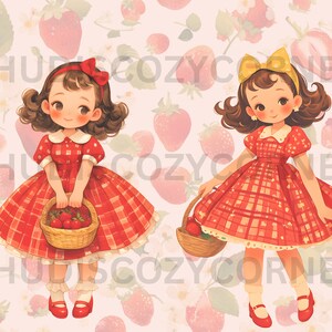 13 Strawberry Girl in Summer Dress Clipart Bundle, Watercolor Vintage ...