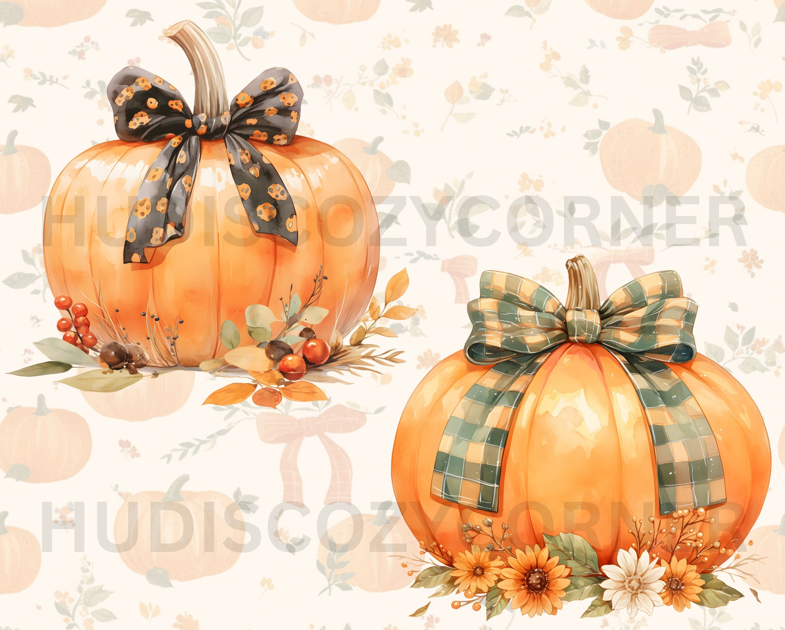 16 Fall Pumpkin With Bow Clipart Bundle, Watercolor Cozy Autumn ...