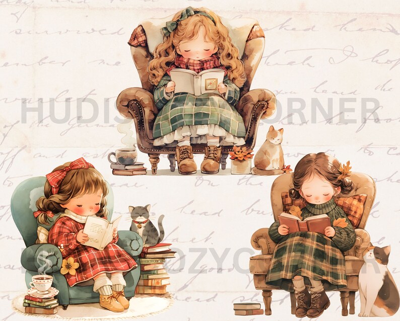 13 Cozy Reading Toddlers Clipart Bundle, Watercolor Autumn Kids With ...