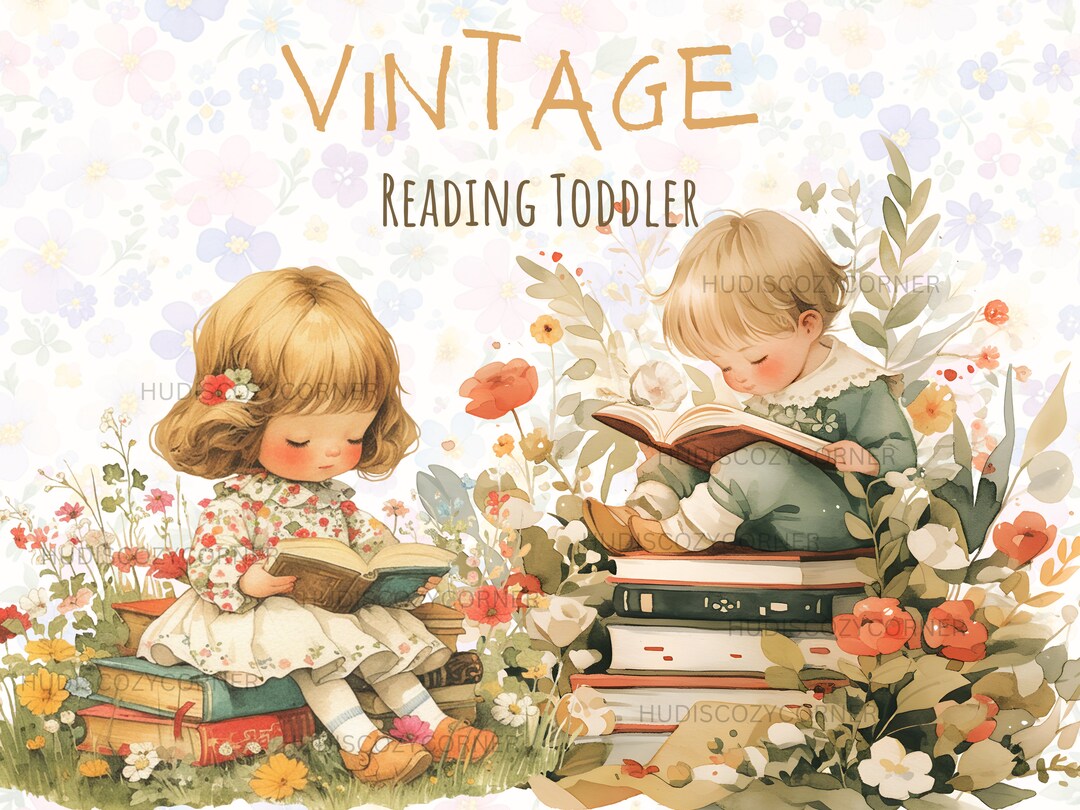 9 Vintage Reading Toddlers Clipart Bundle, Watercolor Spring Kids ...