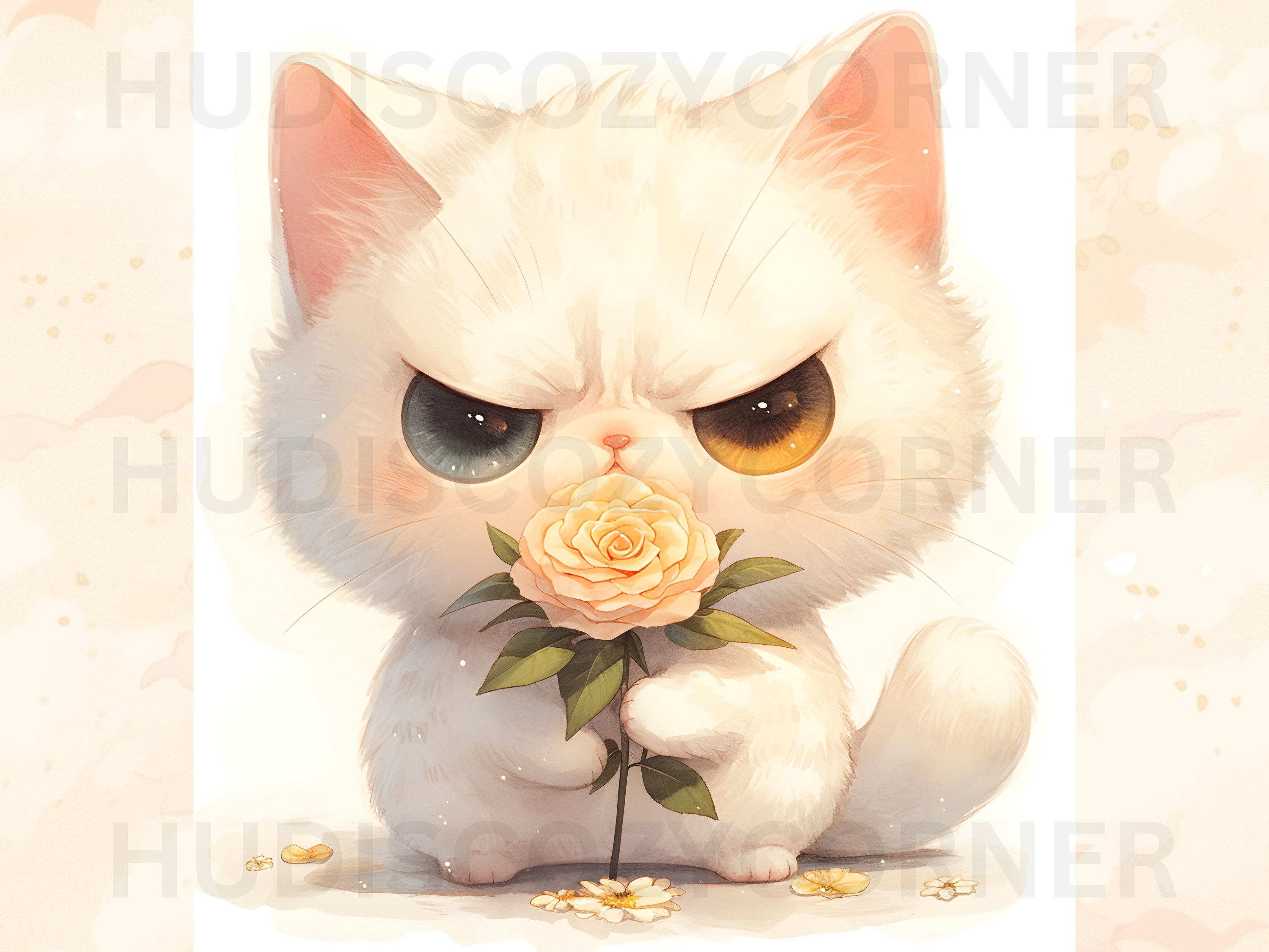 5 Grumpy Flower Cat Clipart, Printable Watercolor JPG Angry Kittens ...