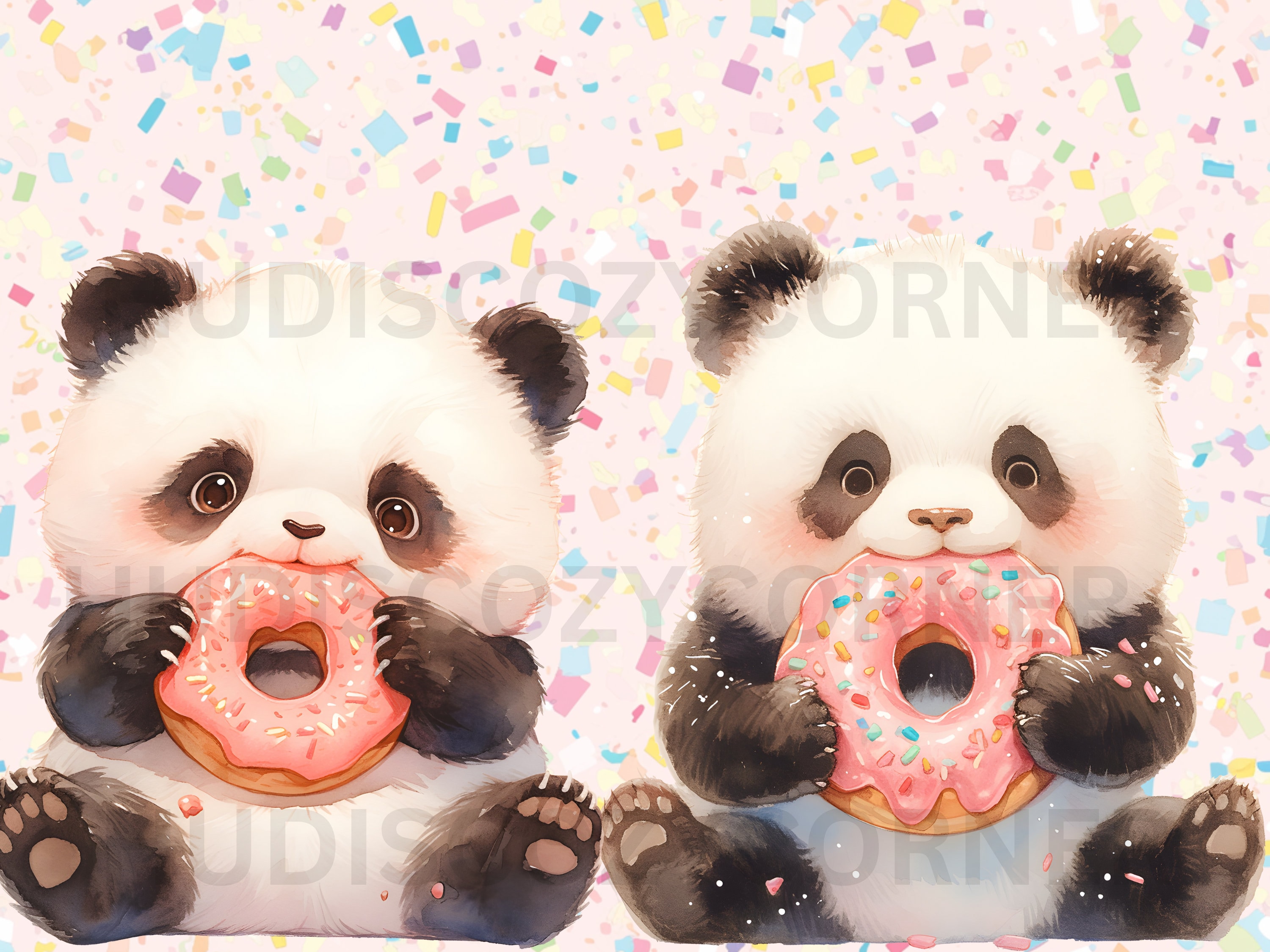 5 Cute Donut Eating Panda Clipart, Watercolor Baby Panda Bundle ...