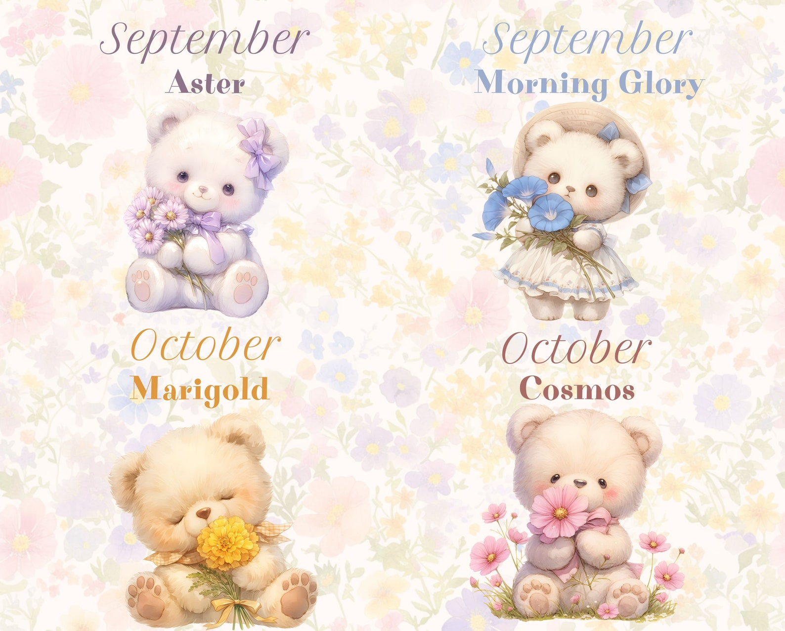 23 Birth Month Flower Teddy Bear Clipart, Watercolor Bears With Flowers ...