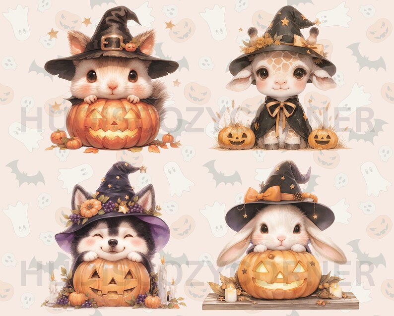 18 Cute Halloween Animal Clipart Bundle, Watercolor Baby Animal in ...