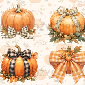 16 Fall Pumpkin With Bow Clipart Bundle, Watercolor Cozy Autumn ...