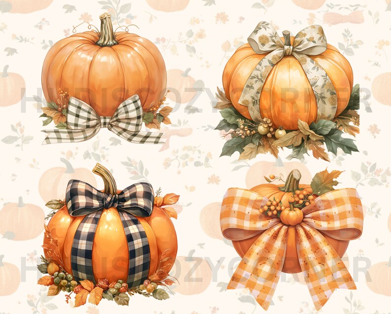 16 Fall Pumpkin With Bow Clipart Bundle, Watercolor Cozy Autumn ...