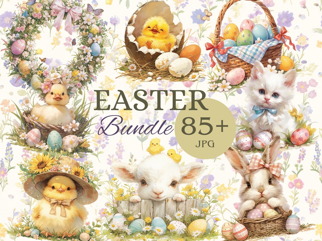 85 Easter Big Bundle Collection, Watercolor Spring Flowers and Cute ...