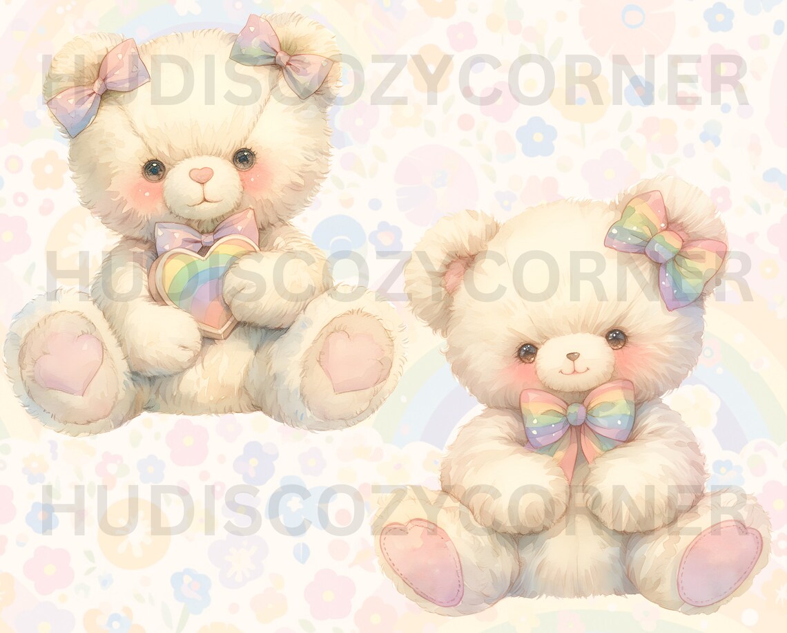 17 Cute Rainbow Themed Teddy Bear Clipart, Watercolor Pastel Teddies ...