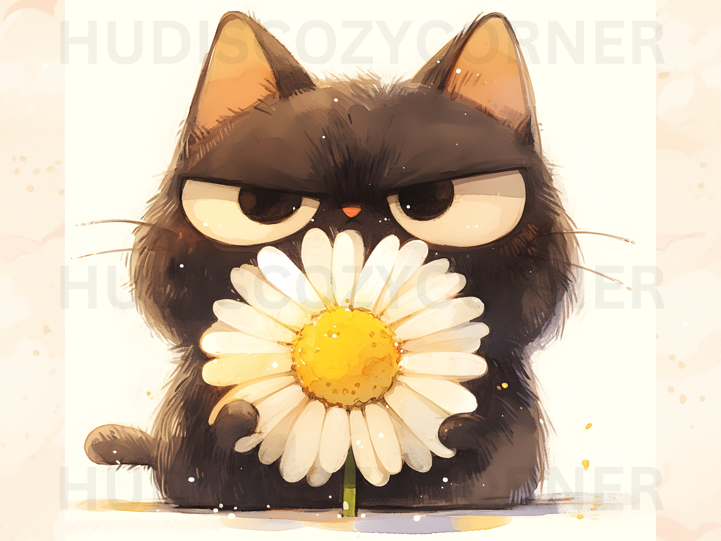 5 Grumpy Flower Cat Clipart, Printable Watercolor JPG Angry Kittens ...