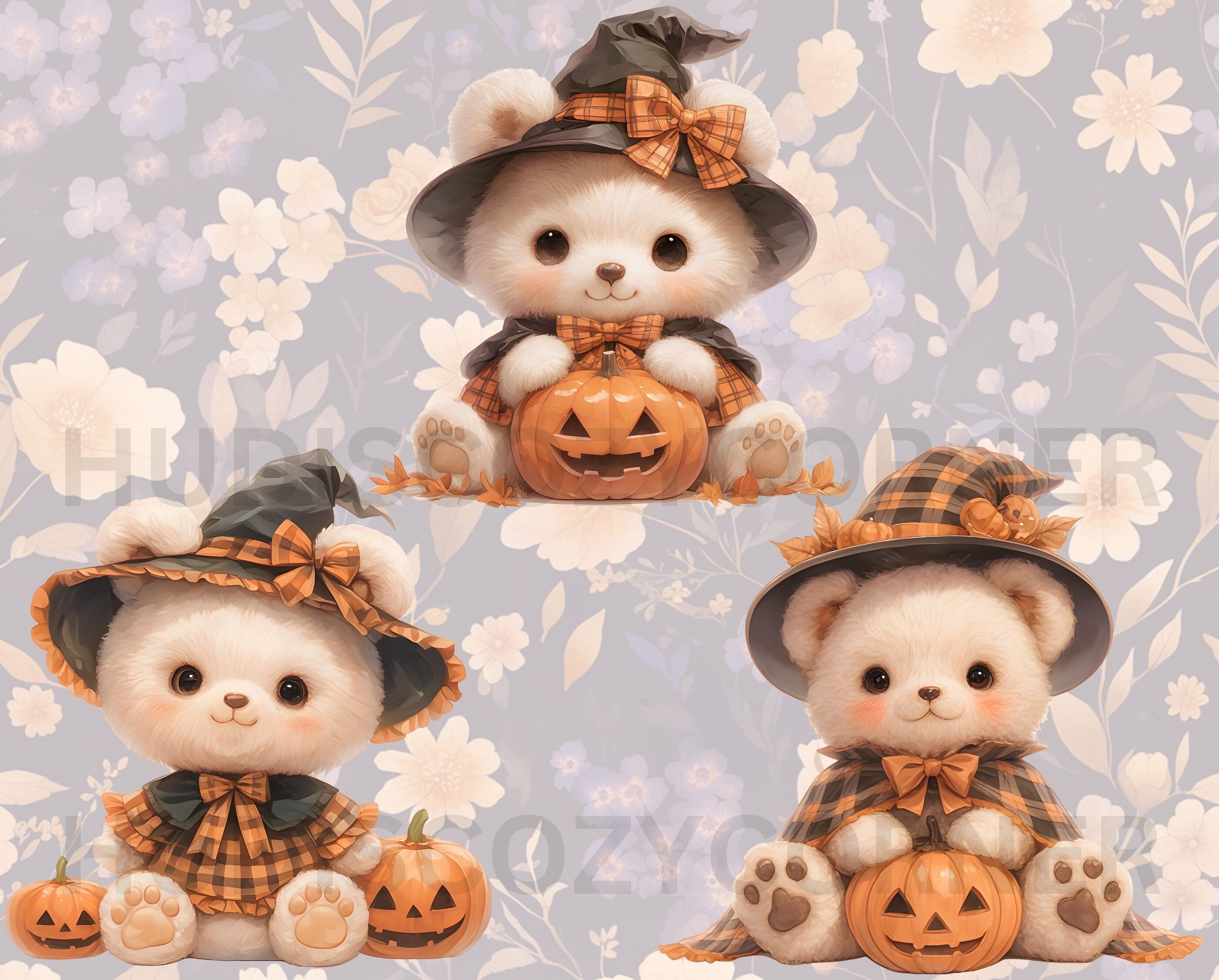 14 Teddy Bear in Witch Costume Clipart, Watercolor Vintage Halloween ...