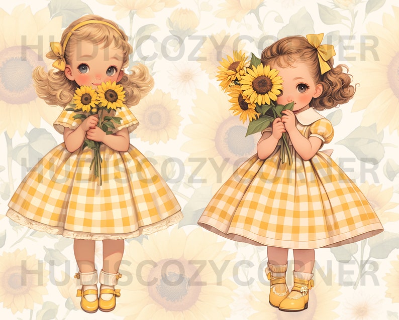12 Vintage Sunflower Girl Clipart Bundle, Watercolor Girl in Yellow ...