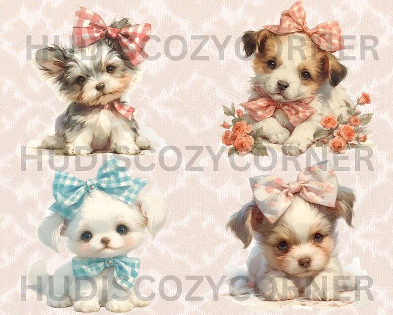 36 Cute Puppy With Bow Clipart Bundle, Watercolor Vintage Puppies ...